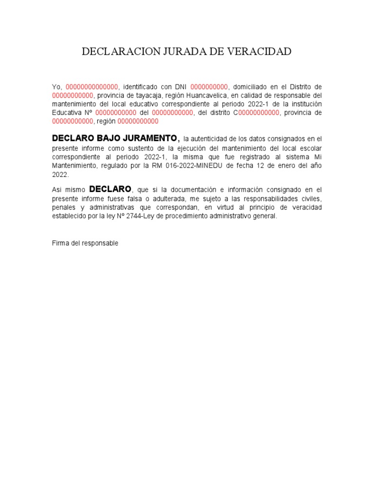 Declaracion Jurada de Veracidad - Modelo | PDF