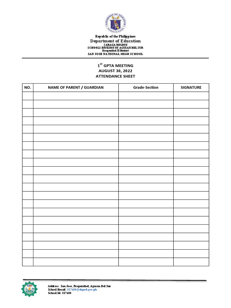 Attendance Sheet 1ST GPTA MEETING | PDF