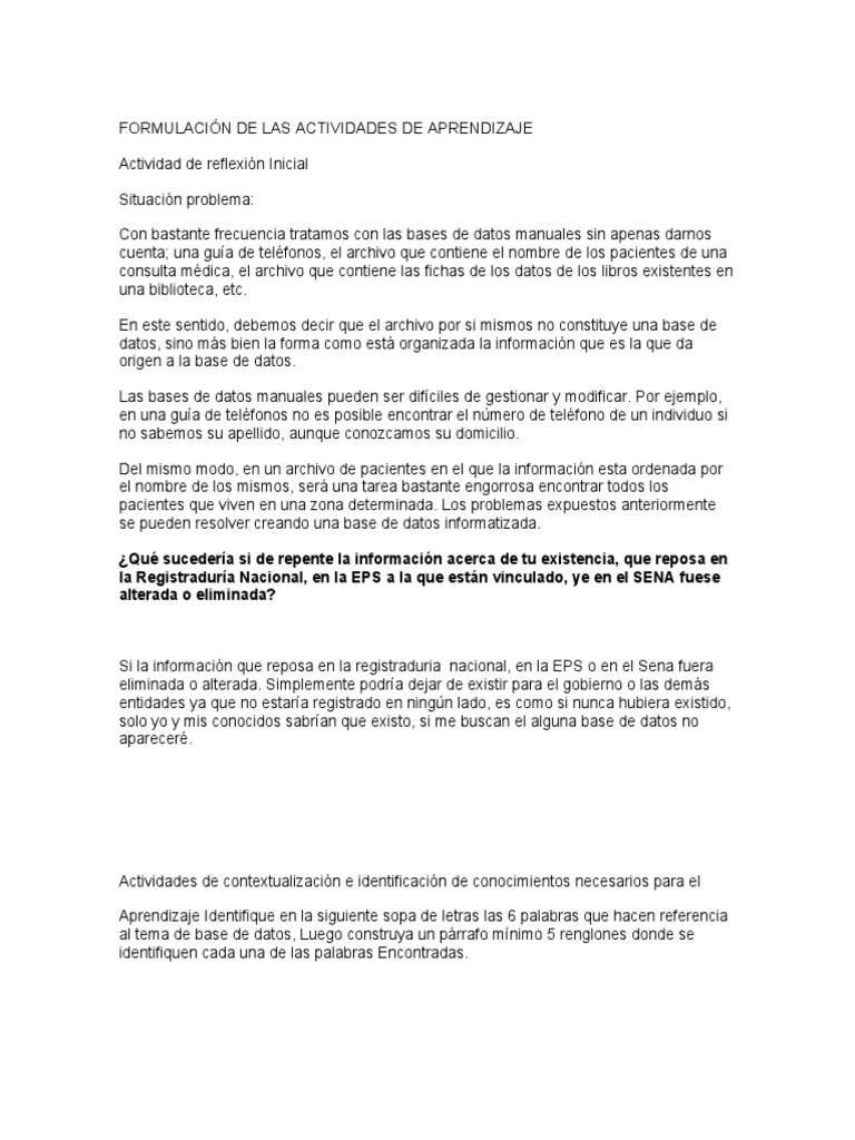 Formulación de Las Actividades de Aprendizaje | PDF | Bases de datos ... Formulación de Las Actividades de Aprendizaje | PDF | Bases de datos ...