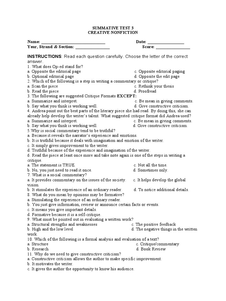 Summative Test 3 Creative Nonfiction | PDF | Creative Nonfiction ...