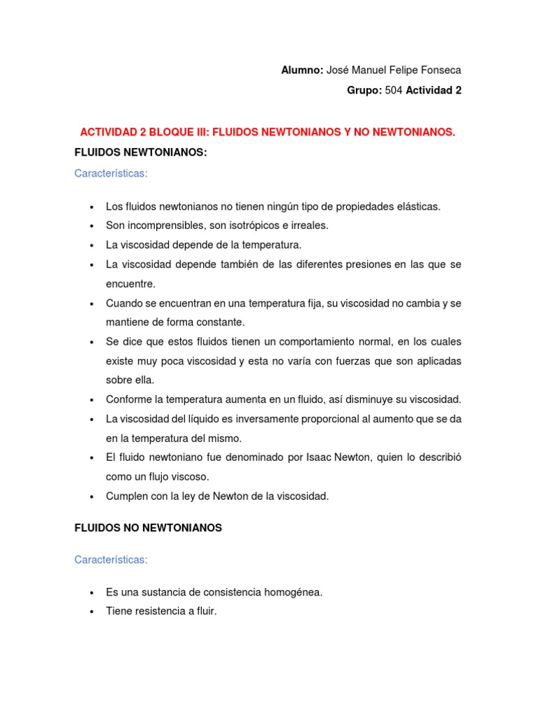 Actividad 2 Bloque Iii: Fluidos Newtonianos Y No Newtonianos | PDF | Viscosidad | Líquidos