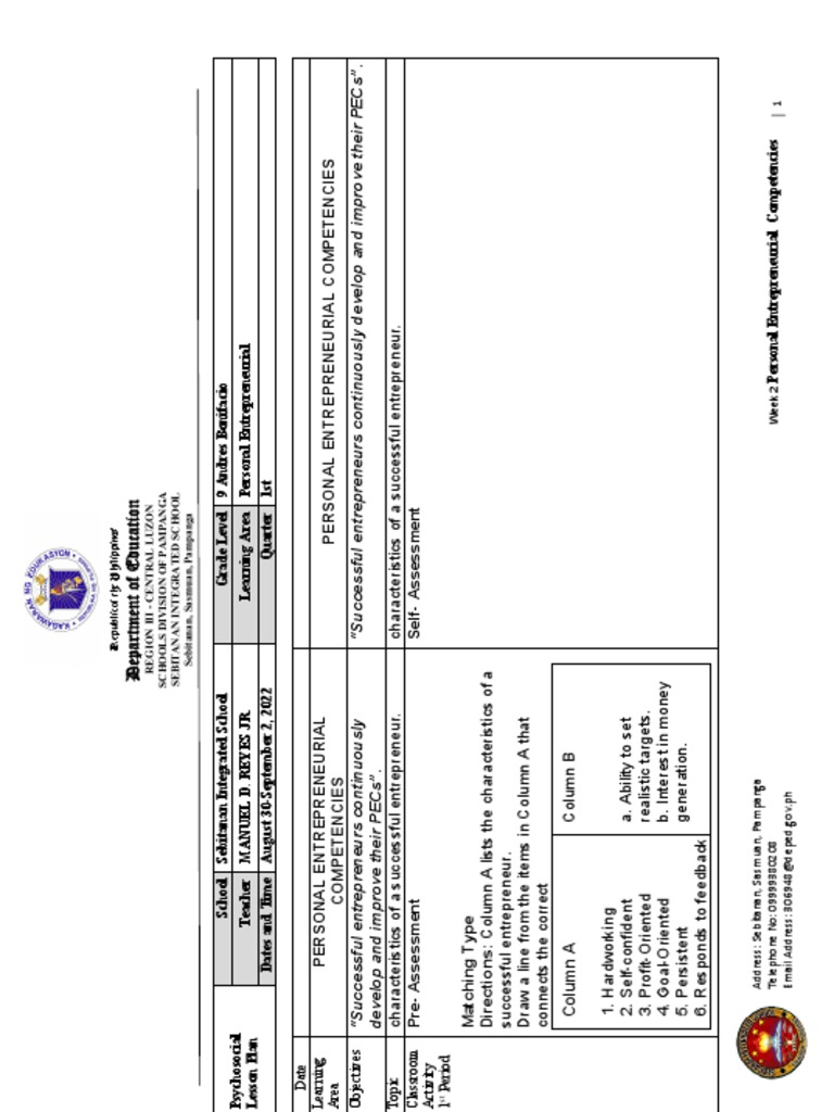 DLL Grade 9 - Week 2 | PDF | Entrepreneurship | Cognitive Science