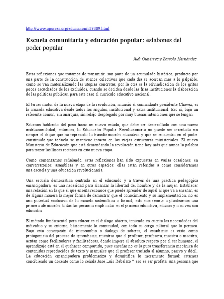 Escuela comunitaria y educación popular | PDF | Comunidad | Democracia