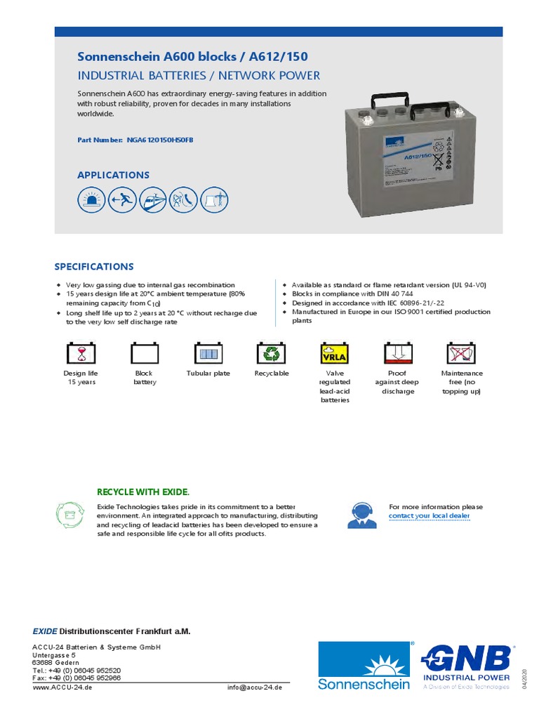 Industrial Battery Specs & Features | PDF | Electrical Components ...