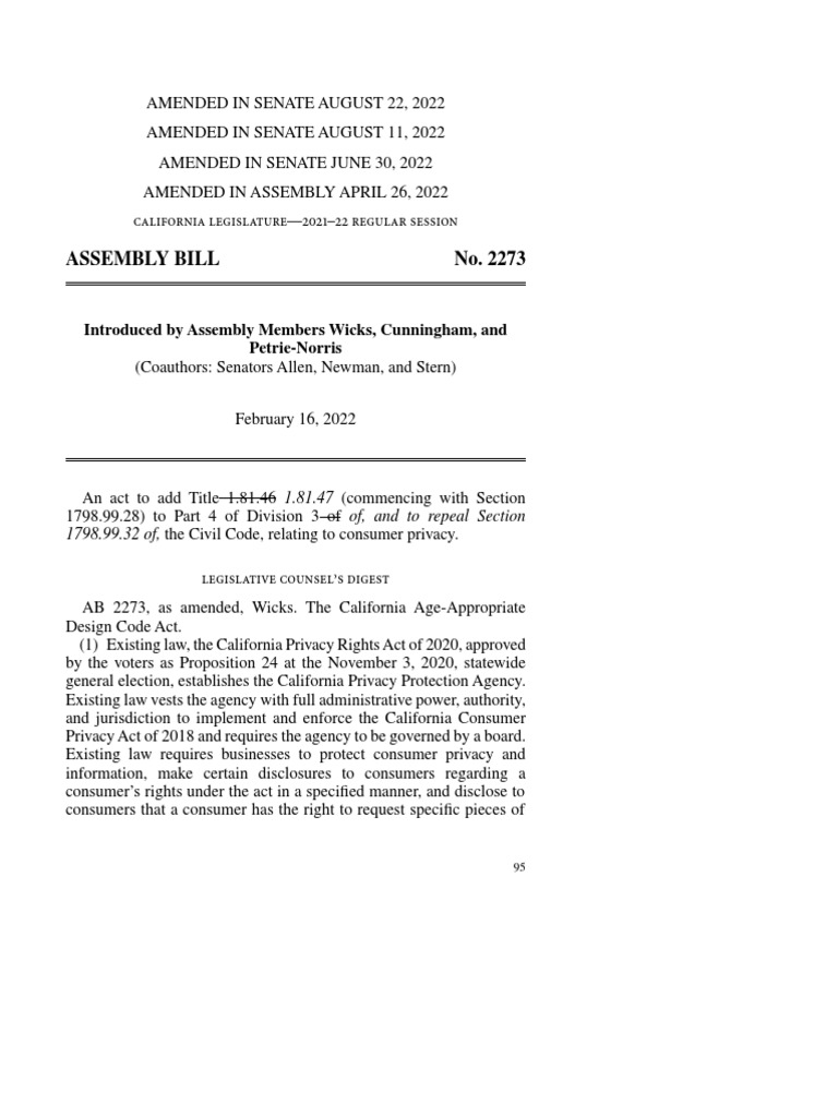 California Age Appropriate Design Code Act Pdf Privacy