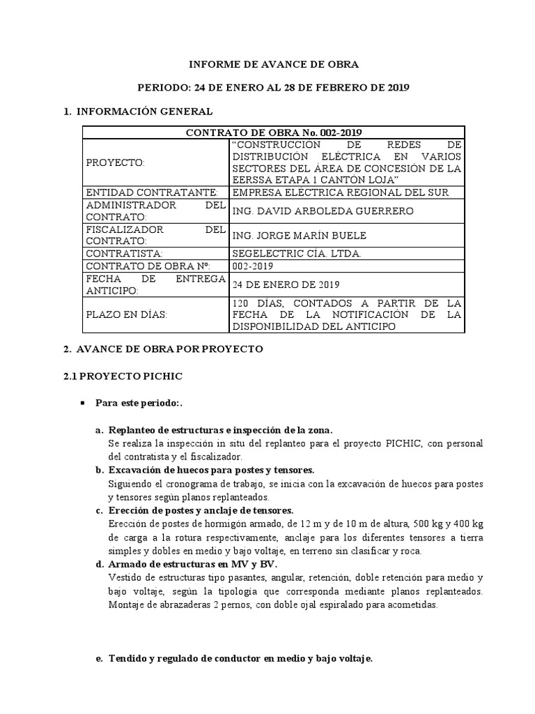 Informe 1er Avance de Obra Zamora | PDF | Transformador | Cobre