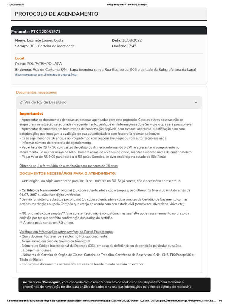 Protocolo de agendamento para emissão de 2a via de RG no Poupatempo Lapa em 16/08/2022 | PDF