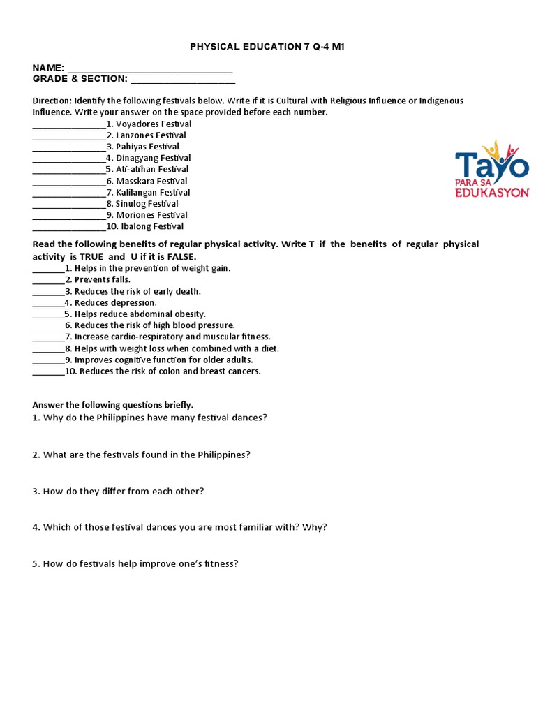 Read The Following Benefits of Regular Physical Activity. Write T If ...