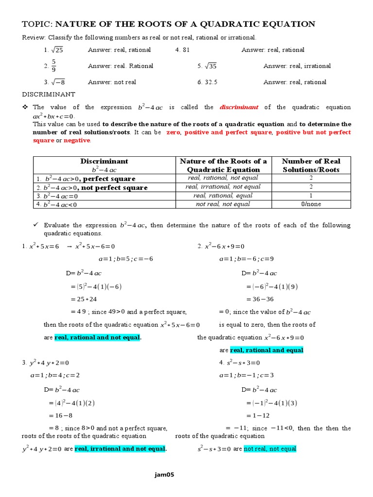 Hand-out-Discriminant | PDF | Quadratic Equation | Equations