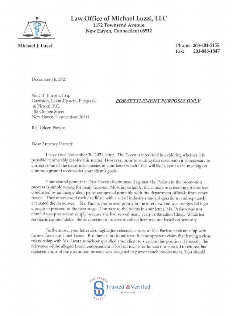 East Haven Town Attorney Response Letter To Parlato Attorney | PDF