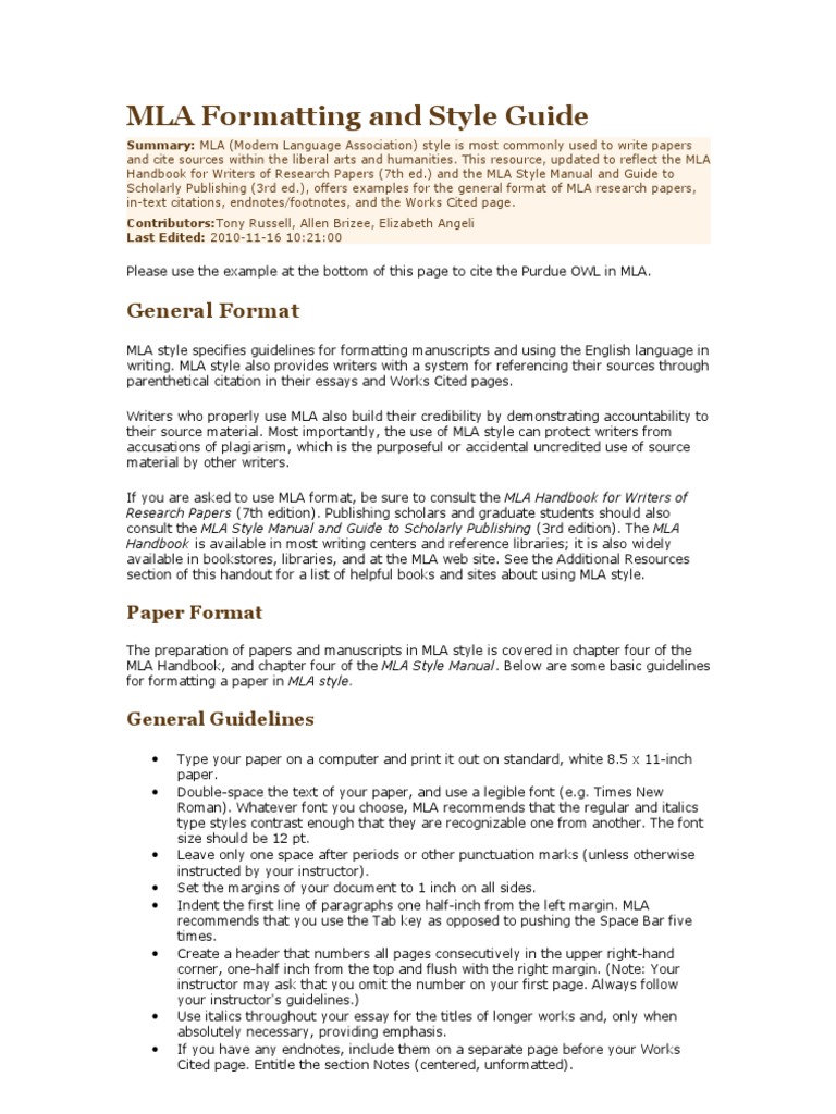MLA Formatting and Style Guide: General Format | PDF | Note (Typography ...