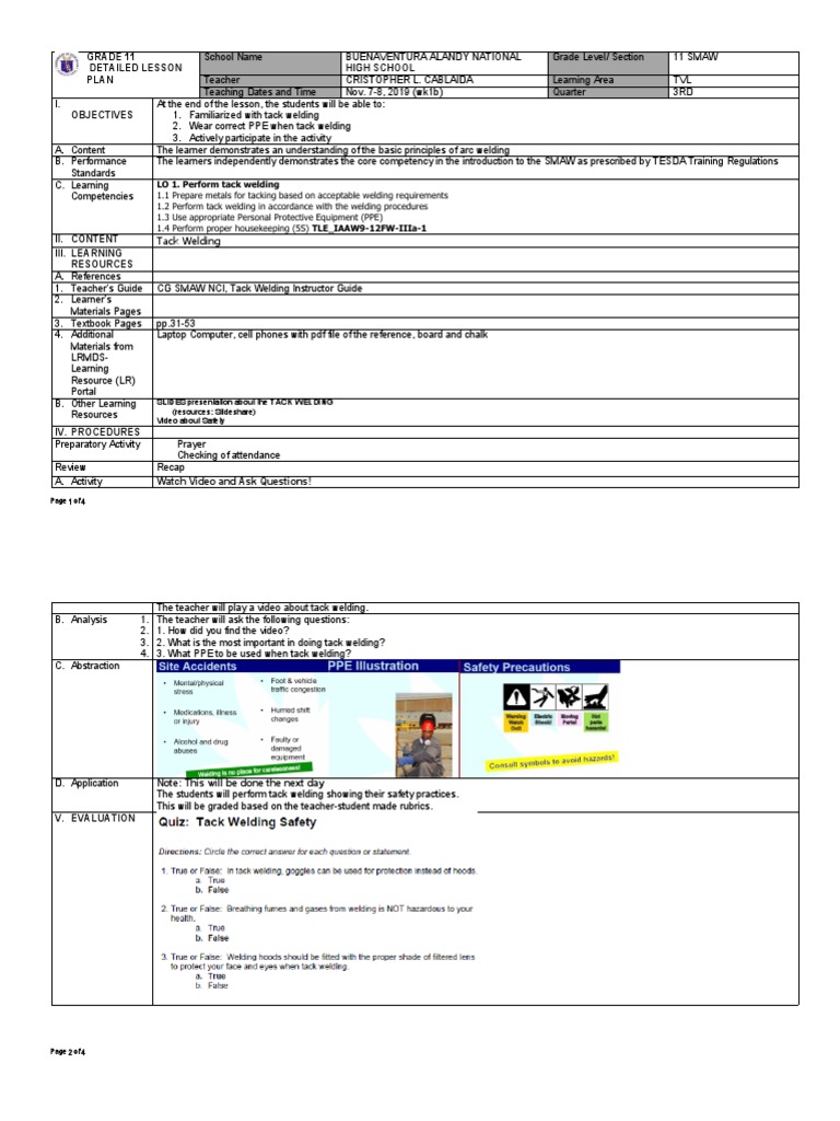 Grade 11 Plan I. Objectives: Tack Welding | PDF | Welding | Construction