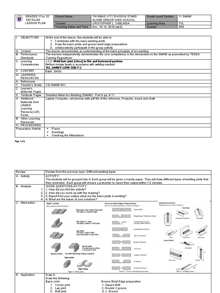Detailed Lesson Plan on Basic Welding Joints and Groove Weld Edge ...
