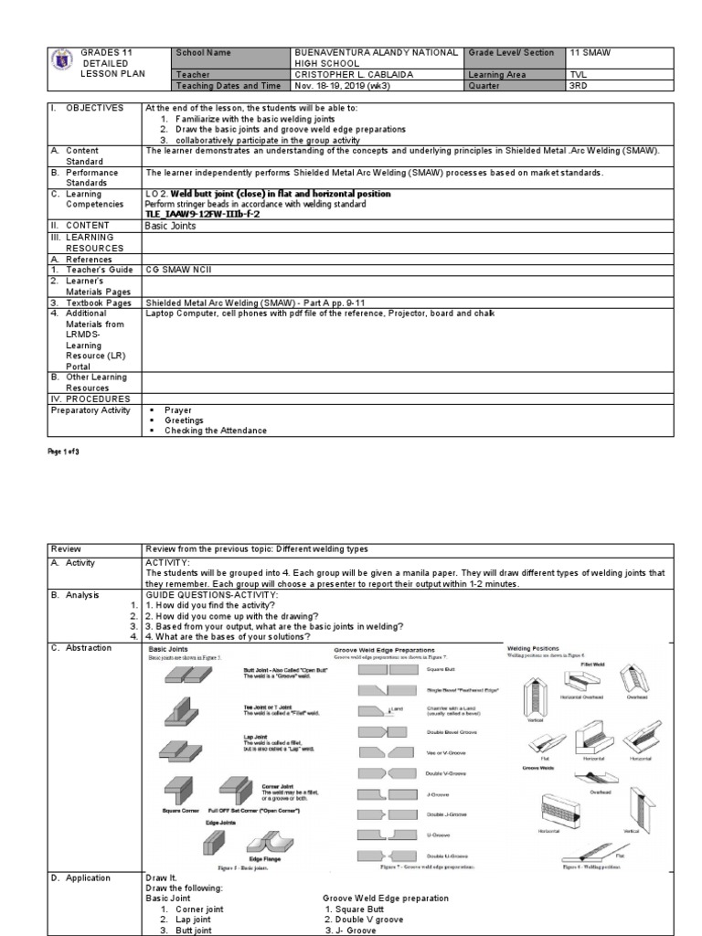 Grades 11 Lesson Plan I. Objectives: Basic Joints | PDF | Welding ...