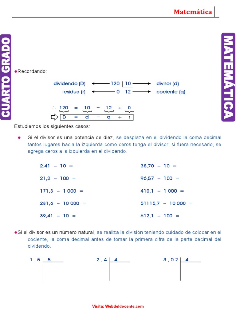Divisiones y Decimales para 4to Grado | PDF | División (Matemáticas ...