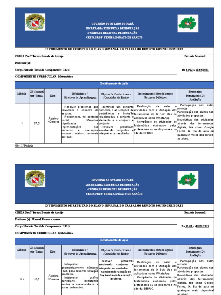 Registro Do Plano Semanal Das Atividades | PDF | Matemática | Geometria