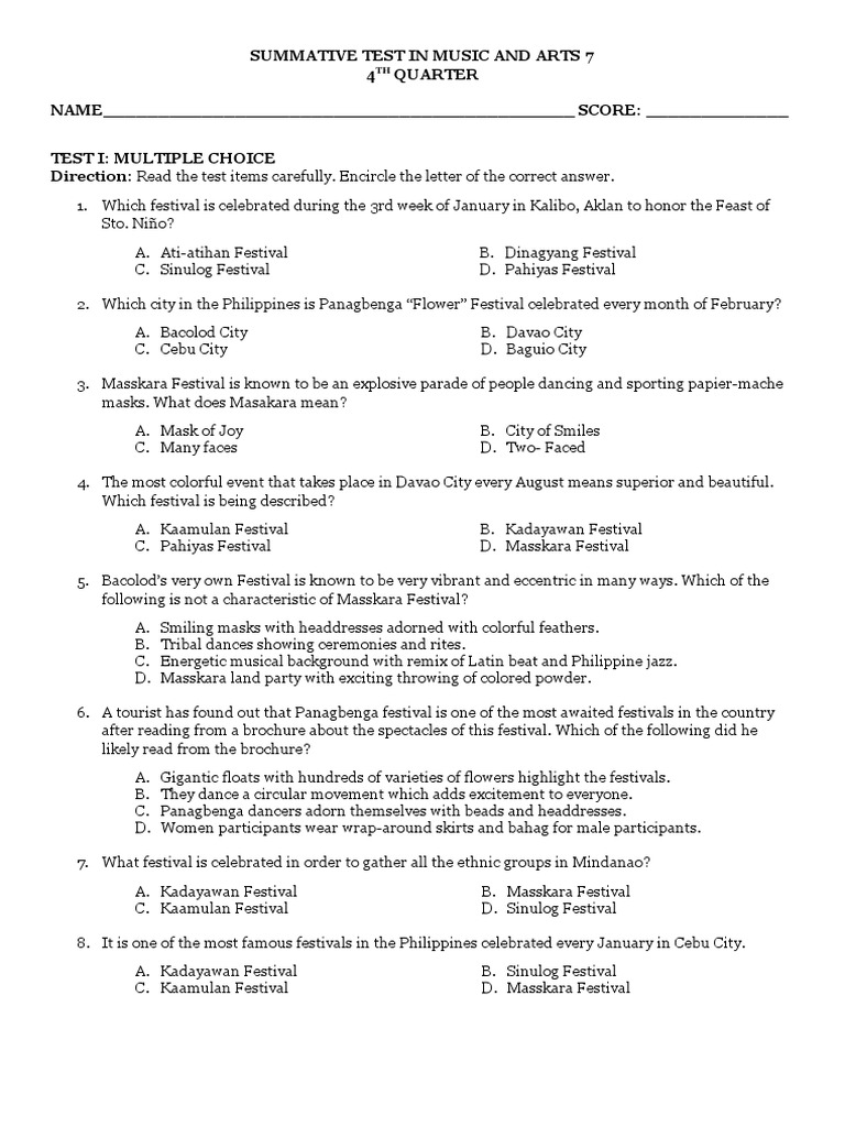 Summative Test in Music and Arts 7 | PDF | Cebu | Observances