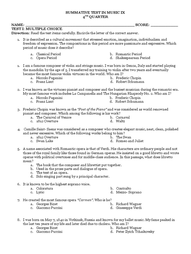 Summative Test in Music Ix | PDF | Opera | Romantic Music