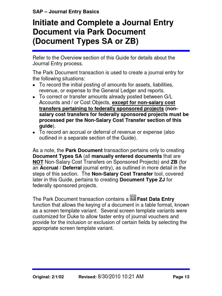 Initiate and Complete A Journal Entry Document Via Park Document ...