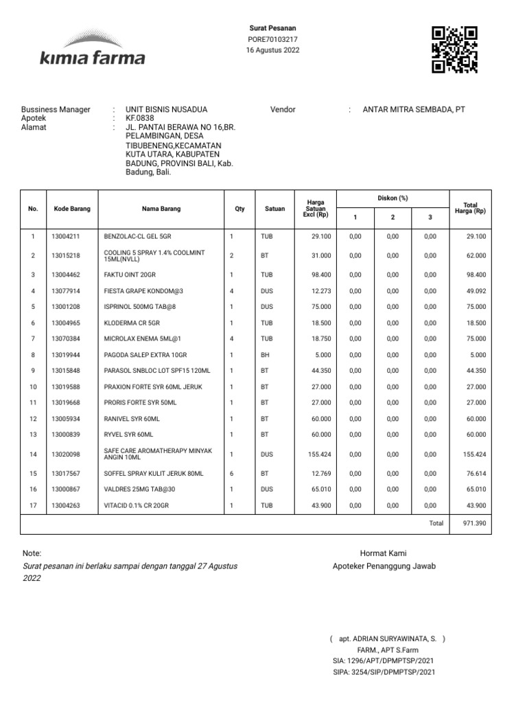 No. Kode Barang Nama Barang Qty Satuan Harga Satuan Excl (RP) Diskon (%) Total Harga (RP) 1 2 3 ...
