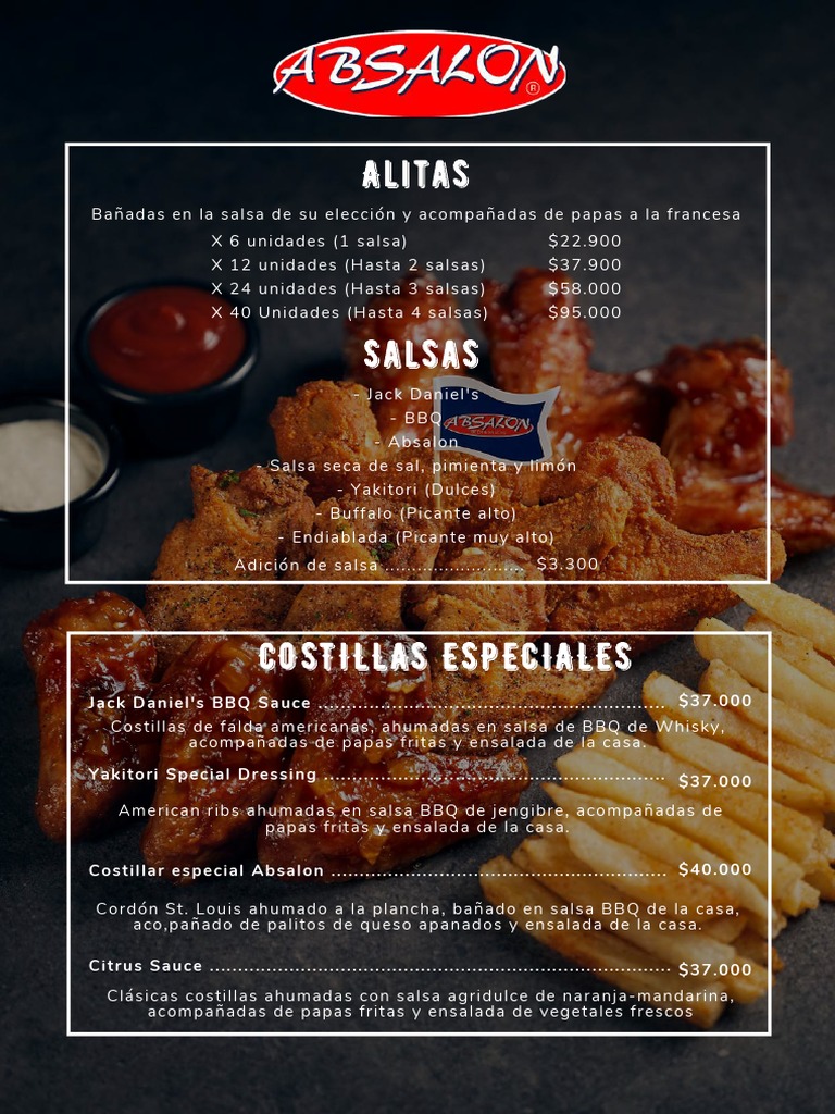 Menú de alitas, hamburguesas, costillas y platos de mar con una ...