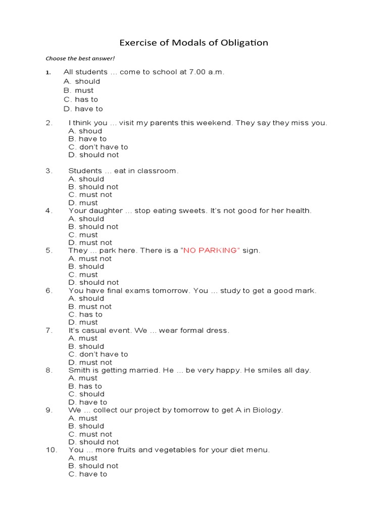 Exercise of Modals of Obligation: Choose The Best Answer! | PDF