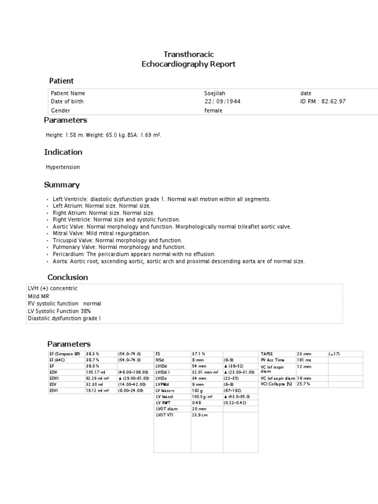 Patient: Transthoracic Echocardiography Report | PDF | Heart Valve ...