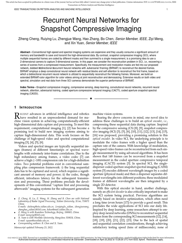 Recurrent Neural Networks For Snapshot Compressive Imaging Pdf Data Compression Deep Learning