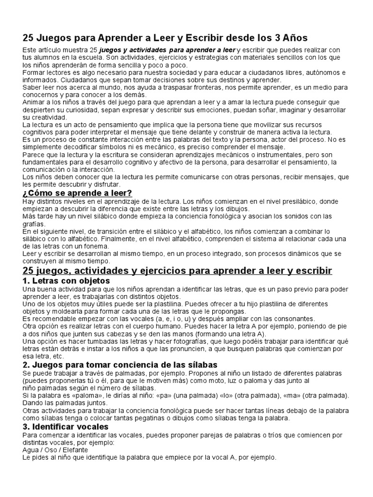 25 Juegos para Leer y Escribir Niños | PDF | Aprendizaje | Sílaba