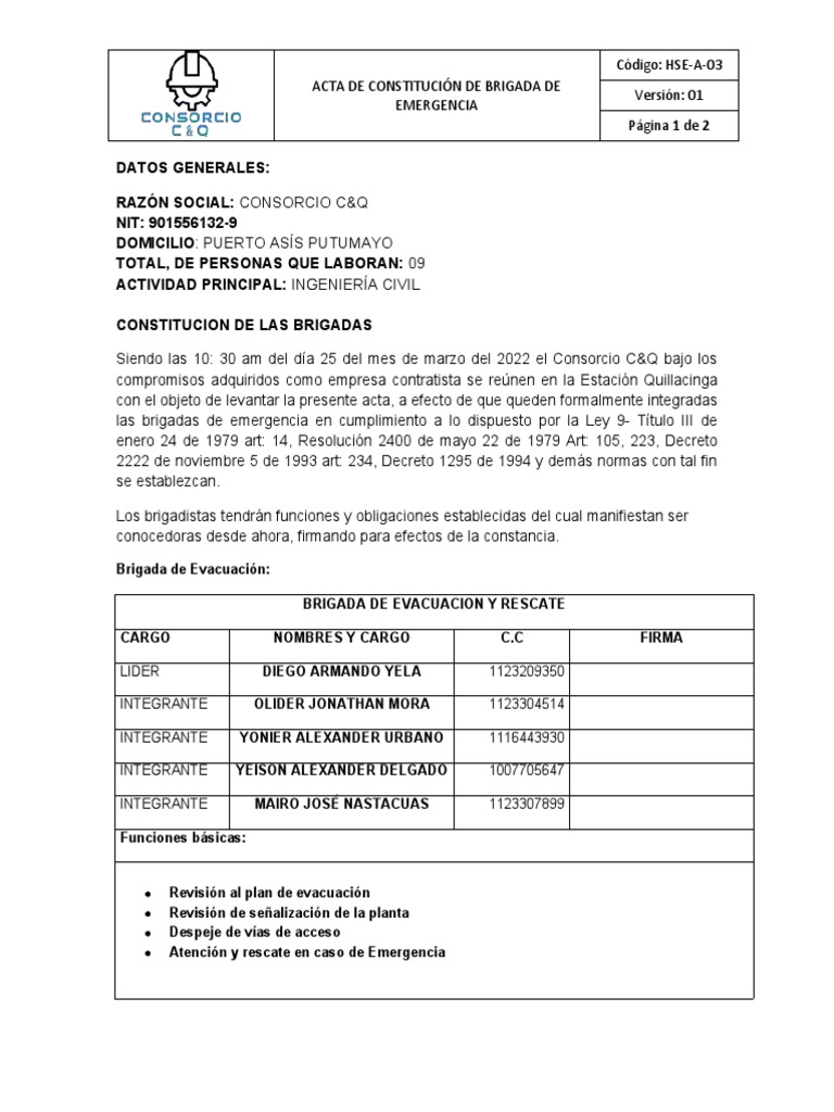 Acta de Conformación de Brigadas de Emergencia | PDF