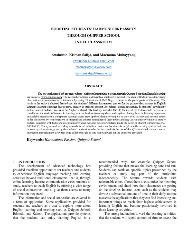 Boosting Students' Harmonious Passion Through Quipper School in Efl Classroom | PDF | Teachers ...