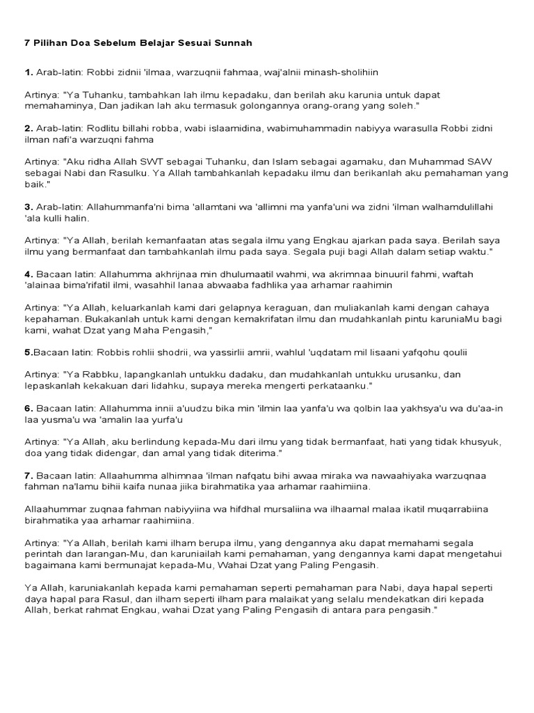 7 Pilihan Doa Sebelum Belajar Sesuai Sunnah | PDF