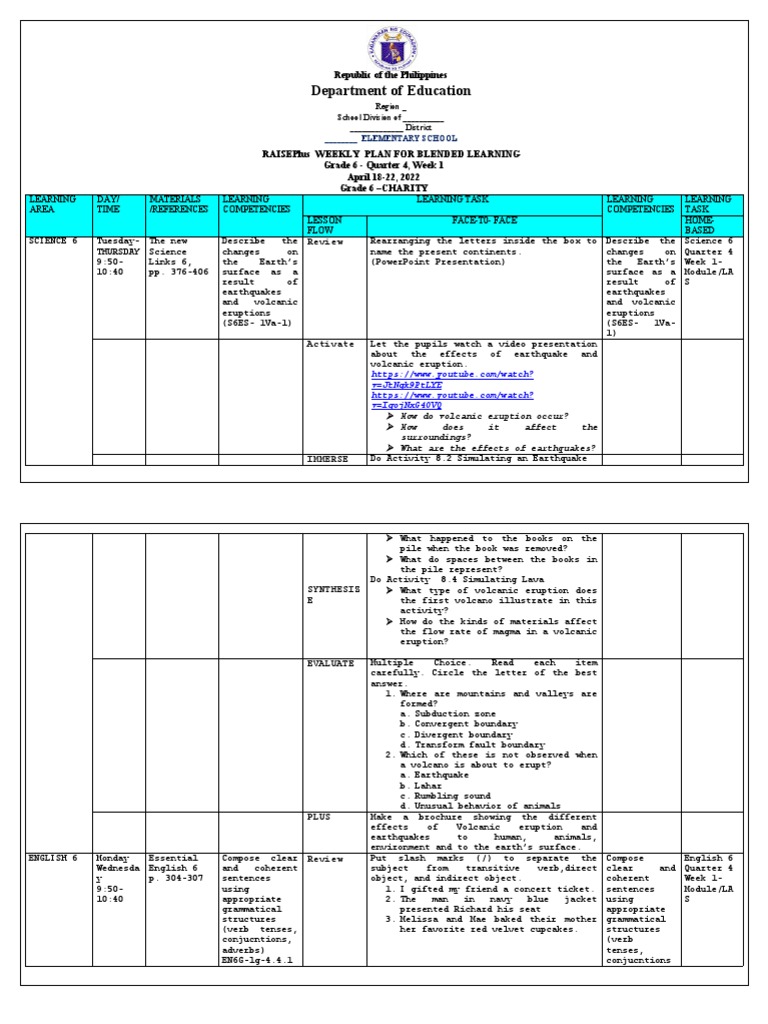 Raise-Plus-Wlp-Grade 6-Q4-W1 | PDF | Volcano | Types Of Volcanic Eruptions