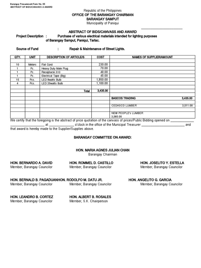 Barangay Samput Procurement Summary | PDF | Business