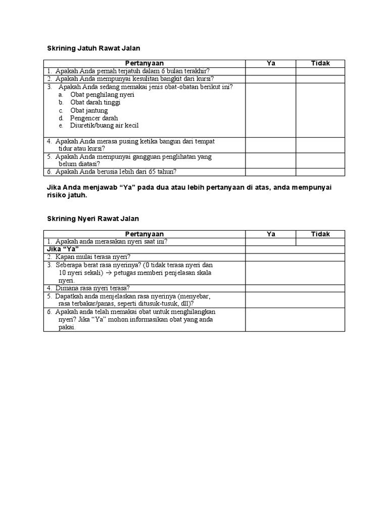Contoh Skrining Pasien Jatuh Dan Nyeri Rawat Jalan PDF Free | PDF