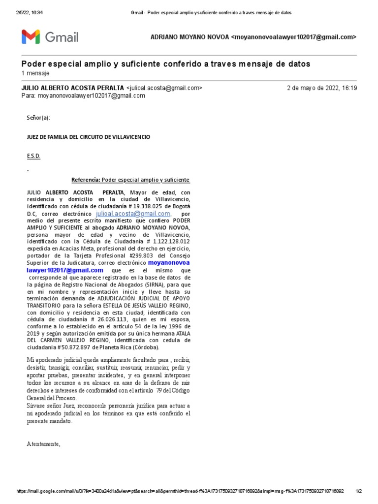 Poder Especial Amplio y Suficiente Conferido A Traves Mensaje de Datos ...