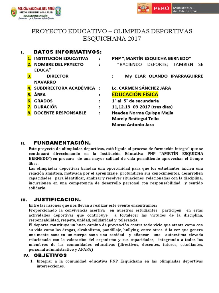 Proyecto Olimpiadas Escolares Deportivas Educación Física | PDF | Deportes