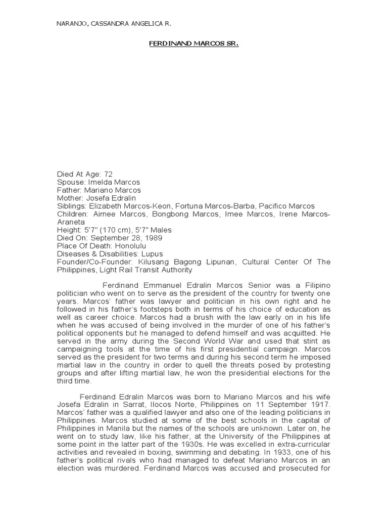 Naranjo, Cassandra Angelica R.: Ferdinand Marcos SR | PDF | Government ...