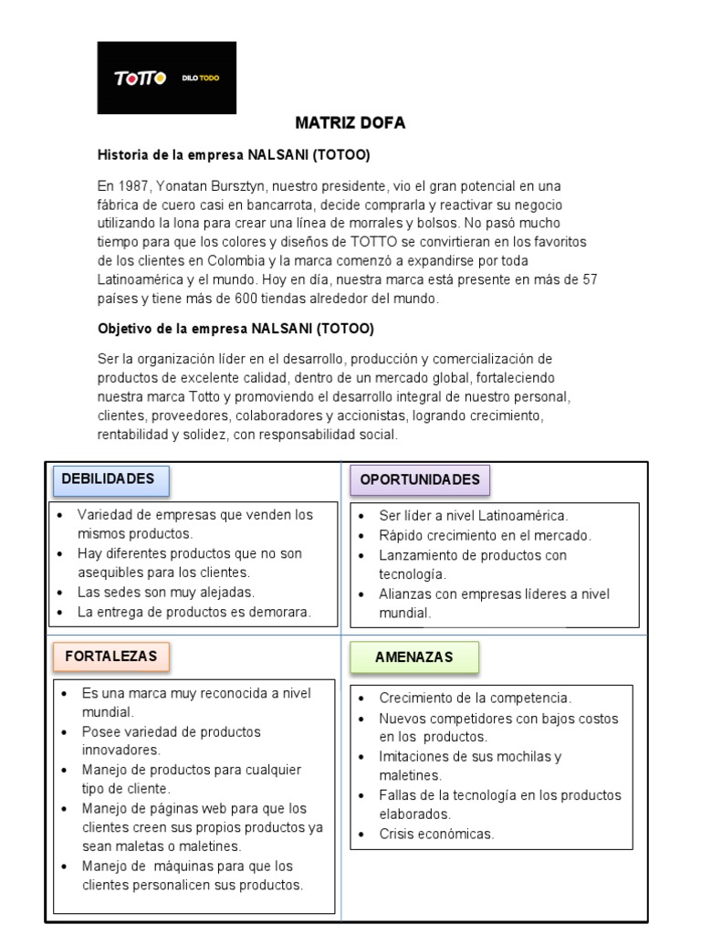 Matriz DOFA - Empresa NALSANI (TOTOO) . | PDF