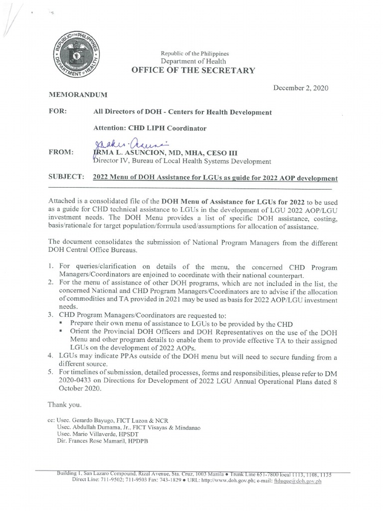 DOH Menu of Assistance For LGUs For 2022 | PDF | Preventive Healthcare ...