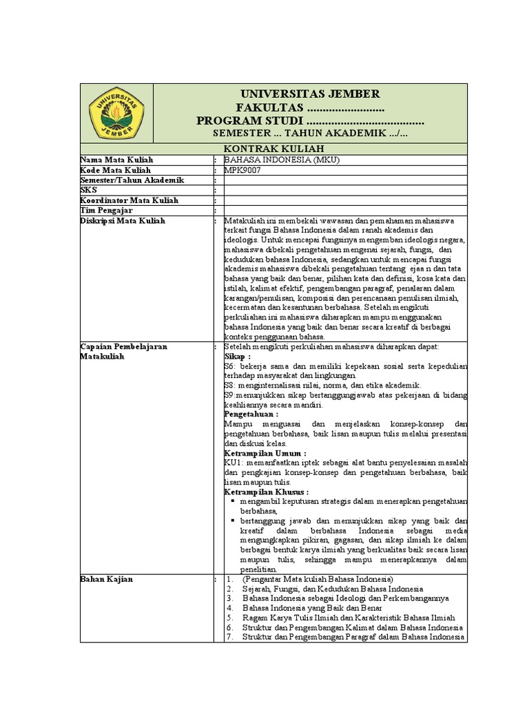 Kontrak Kuliah BI MKU | PDF | Seni & Disiplin Bahasa