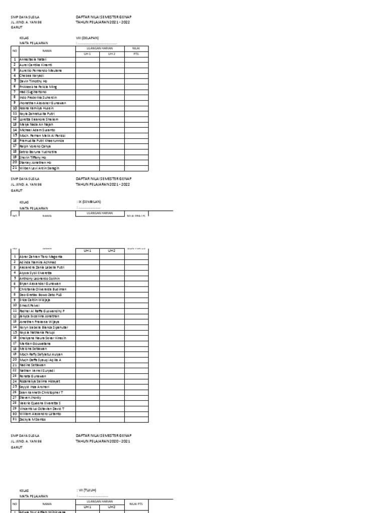Format Nilai PTS Genap Pra Us 2022 | PDF