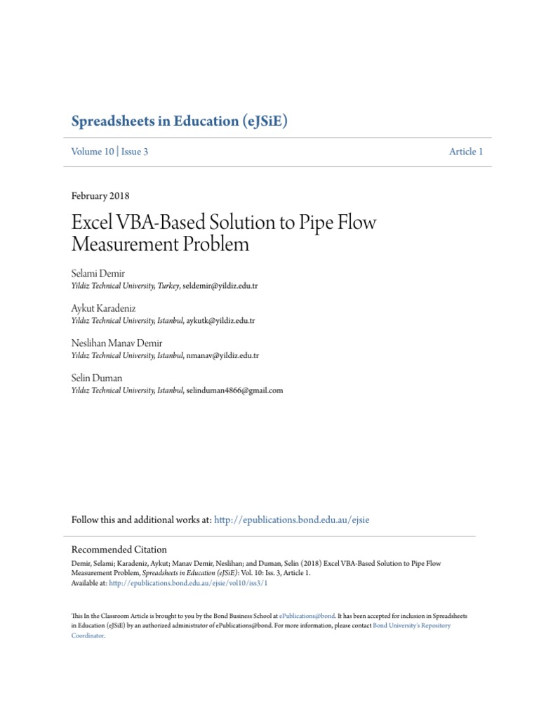 Excel Vba-Based Solution To Pipe Flow Measurement Problem: Spreadsheets in Education (Ejsie ...