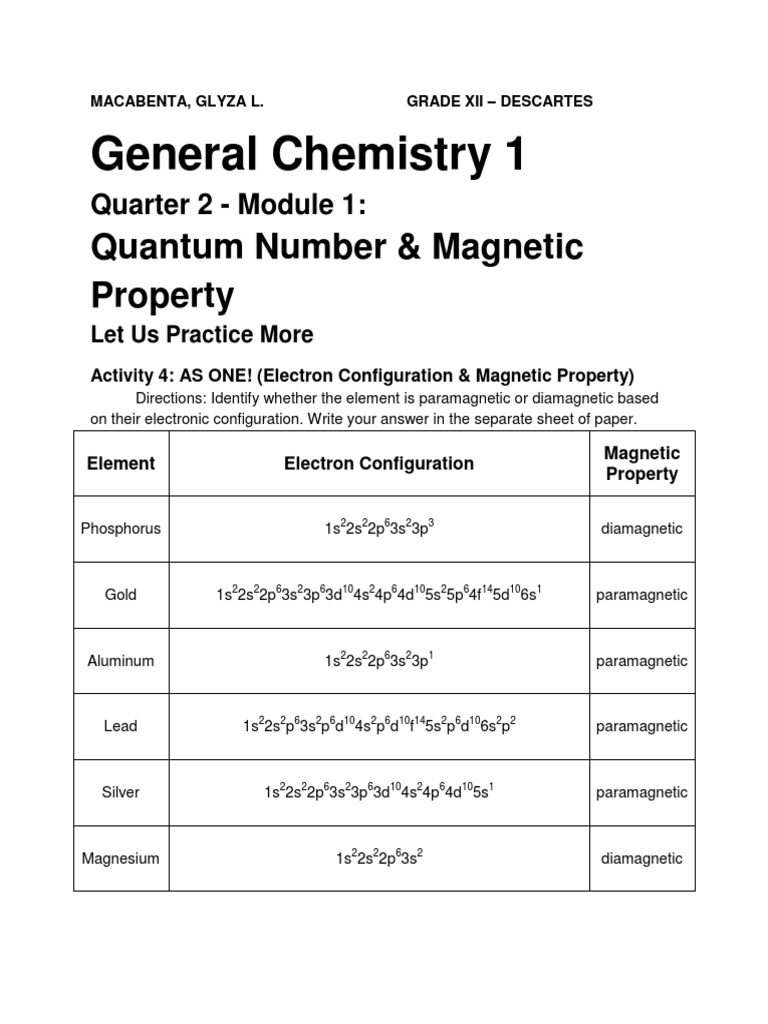 General Chemistry 1: Quantum Number & Magnetic Property | PDF ...