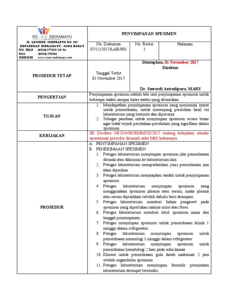 Sop Penyimpanan Spesimen | PDF