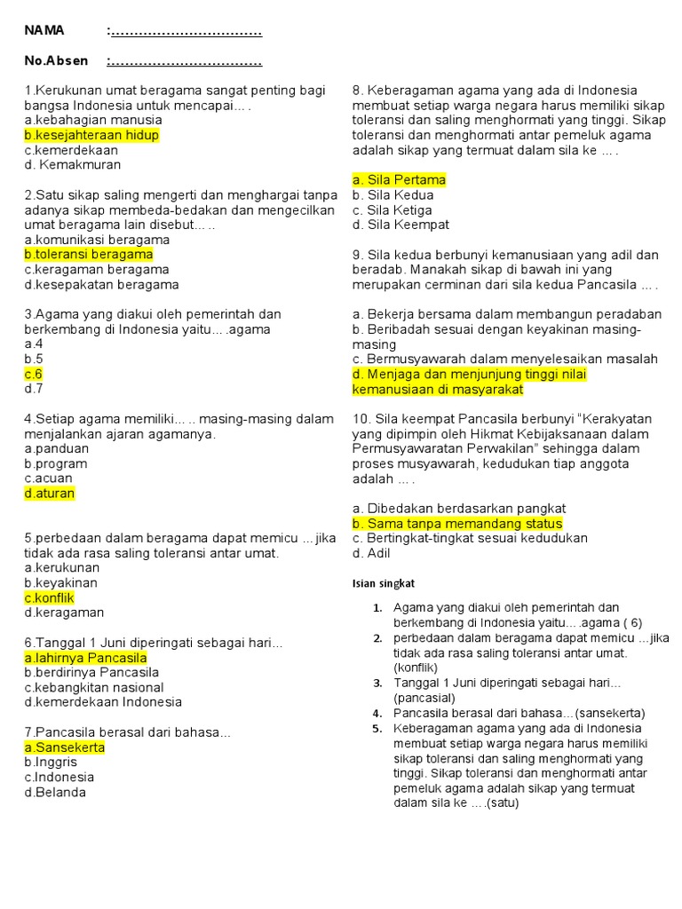 Soal Uh PKN Tema 1 Kls 5 | PDF