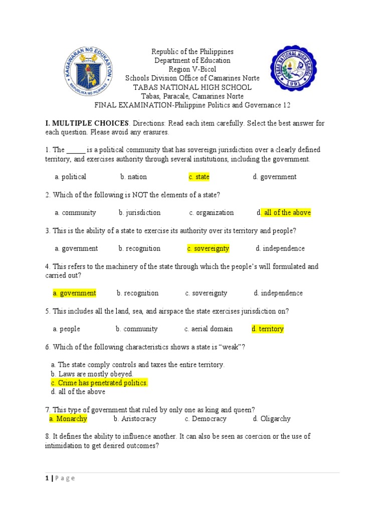 I. MULTIPLE CHOICES. Directions: Read Each Item Carefully. Select The ...