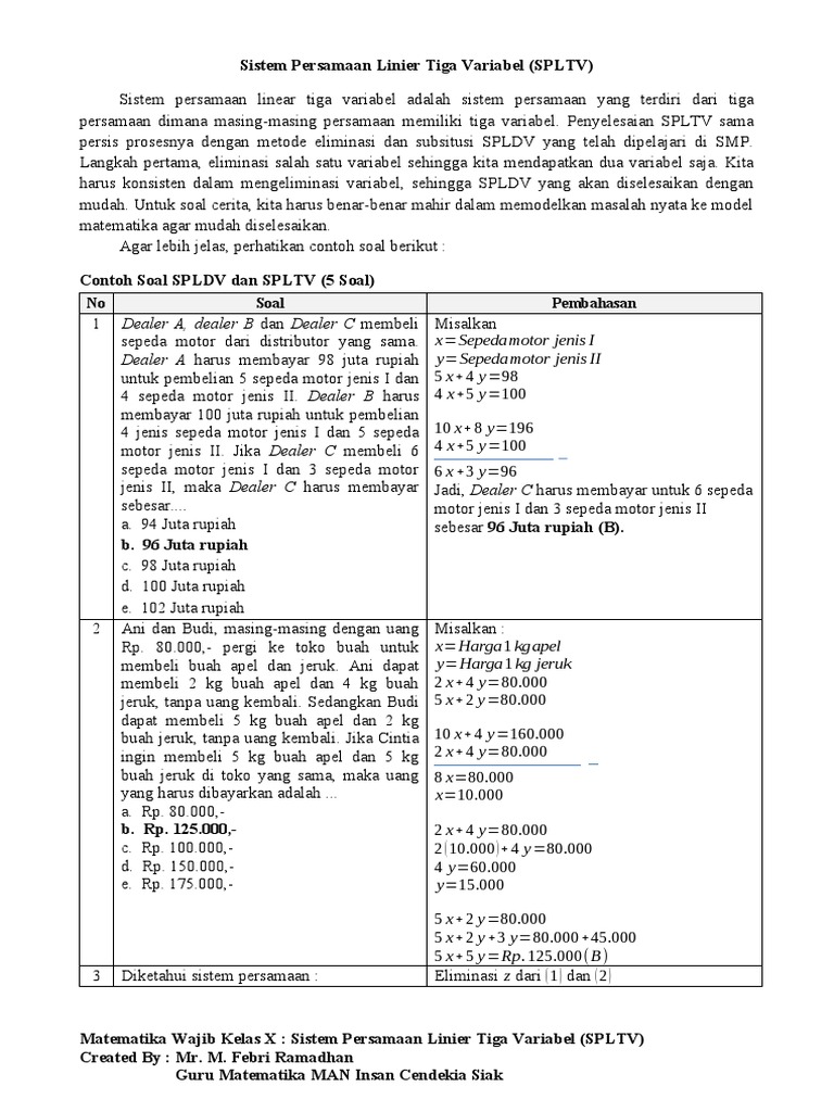 Portofolio 5 SPLDV Dan SPLTV 25 Soal | PDF