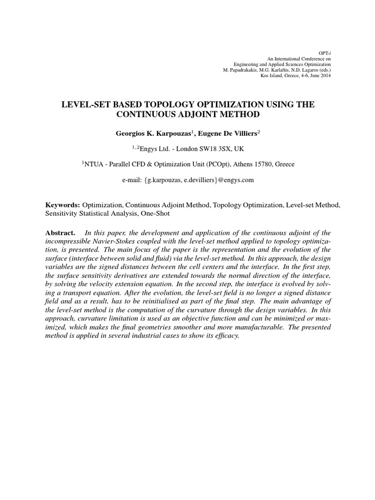 Level Set Based Topology Optimization Using The Continuous Adjoint Method Pdf Mathematical 