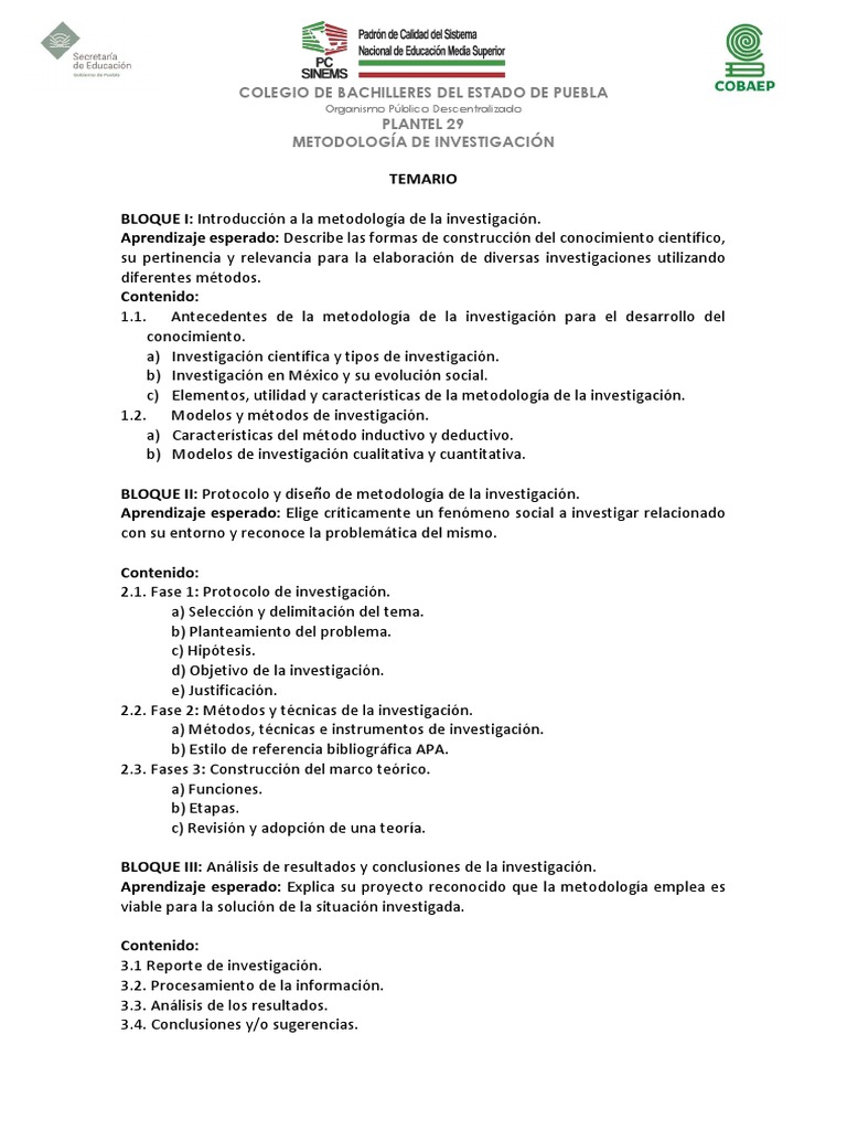 Temario Metodología de La Investigación | PDF